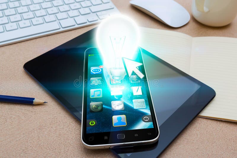 Modern Mobile Phone with Lightbulb Stock Illustration - Illustration of ...