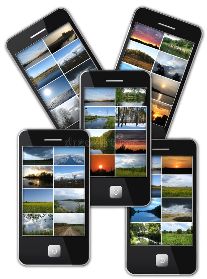 Modern Mobile Phone with Many Photo of Landscapes Stock Illustration ...