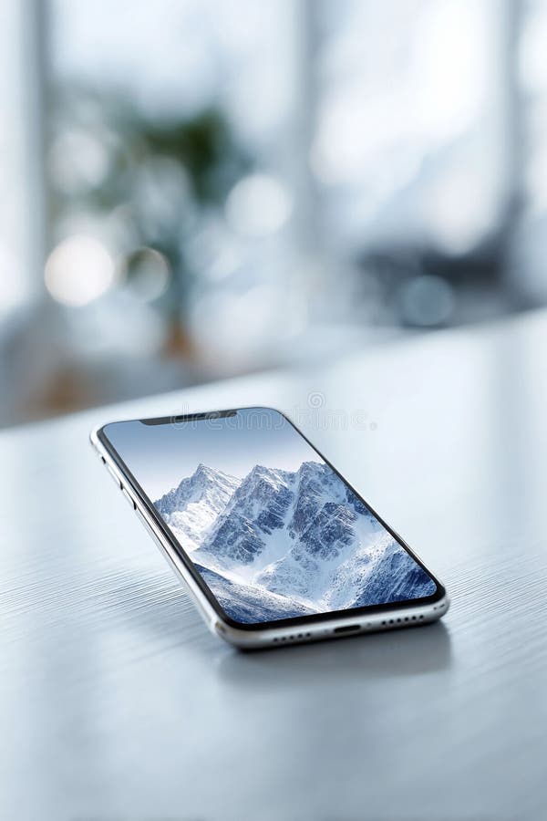 Modern Mobile Phone with Snowy Mountain Range Displayed on Screen ...
