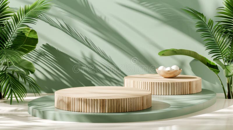 A Modern Mockup Featuring a Green Wall, Two Wooden Tables, and a Palm ...