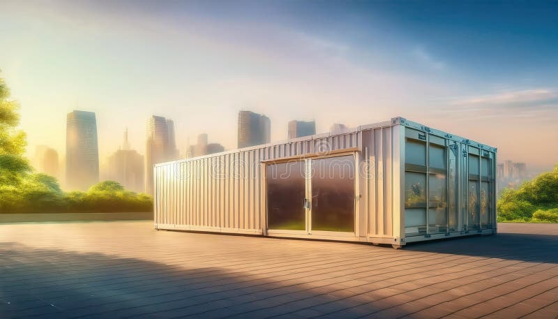 Modern Modular Container Office Features Beige Frame and Gray Walls in ...