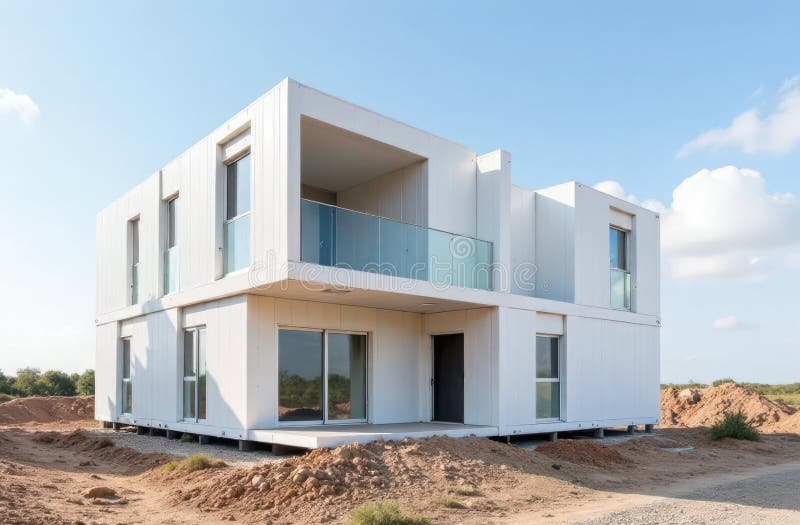Modern Modular Home Construction Site with White Prefabricated ...