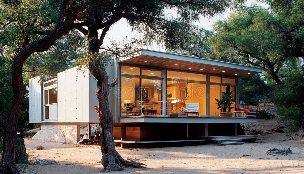 Modern Modular Home at Sunset on Stilts with Open Floor Plan Design and ...