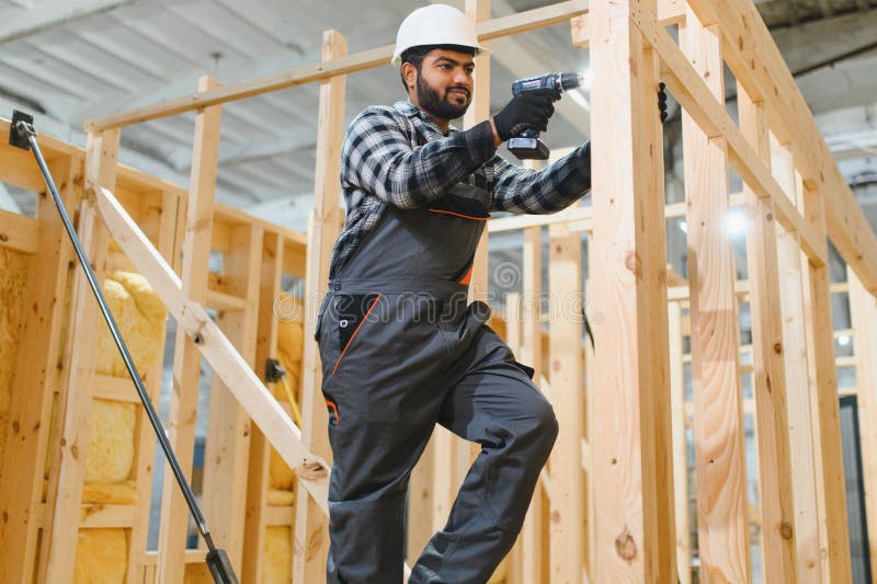Modern Modular House. Indian Worker Works on the Construction of a ...