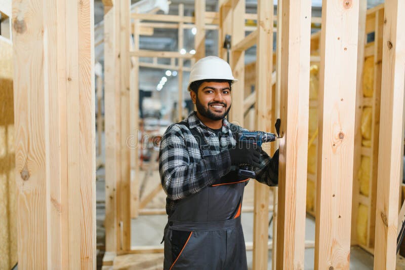 Modern Modular House. Indian Worker Works on the Construction of a ...
