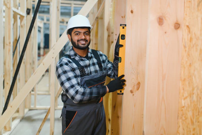 Modern Modular House. Indian Worker Works on the Construction of a ...