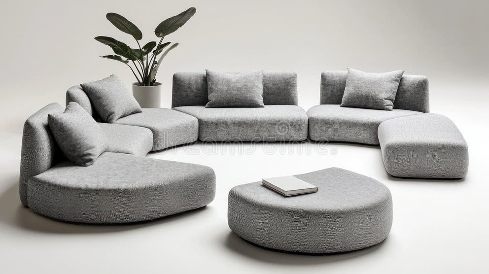 Modern Modular Seating in Grey Fabric with Cushions and Round Table ...