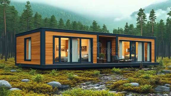 Modern Modular Wood Cabin in Mountain Forest Setting Stock Illustration ...