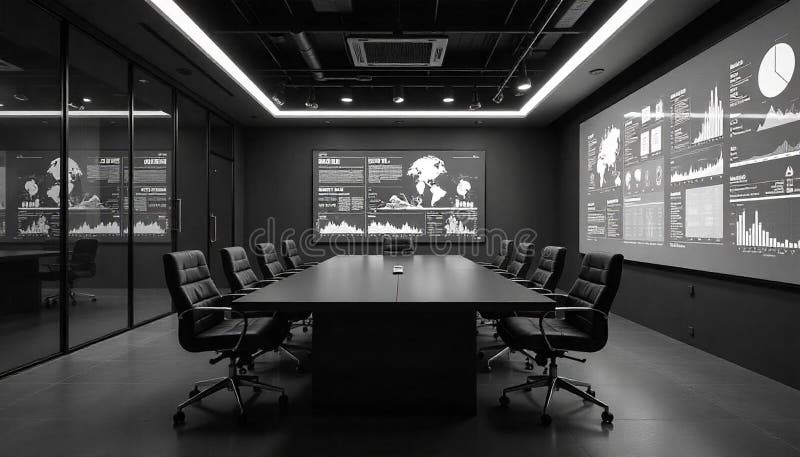 Modern Monochrome Conference Room with Data Visuals on Screens Stock ...