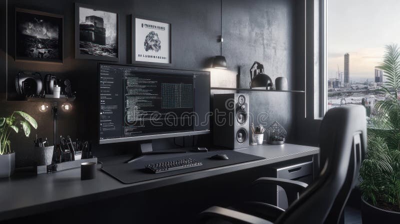 Modern Monochrome Work Desk Background Stock Image - Image of stylish ...