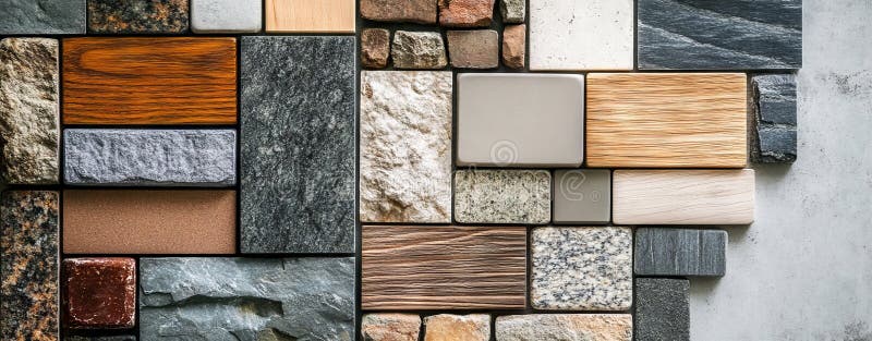 A Modern Moodboard Showcasing Tiles in Grey and Blue, Timber Pieces ...