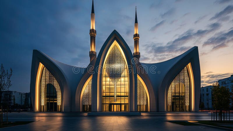 Modern Mosque Architecture at Dusk with Illuminated Minarets and ...