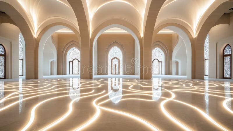 Modern Mosque Interior with Elegant Arches and Luminous Floor Stock ...