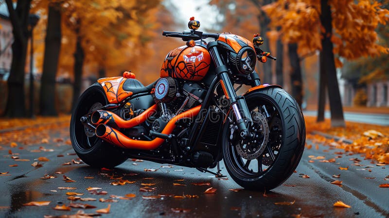 Modern Motorcycle Decorated with Halloween Attributes. Pumpkins, Jack-o ...