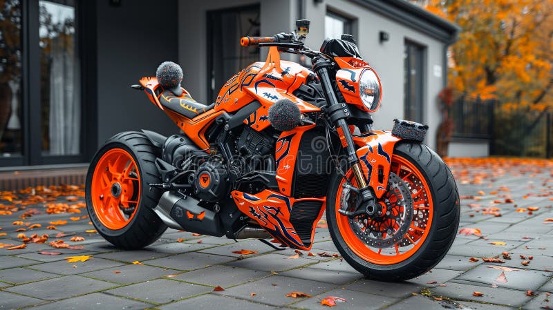 Modern Motorcycle Decorated with Halloween Attributes. Pumpkins, Jack-o ...