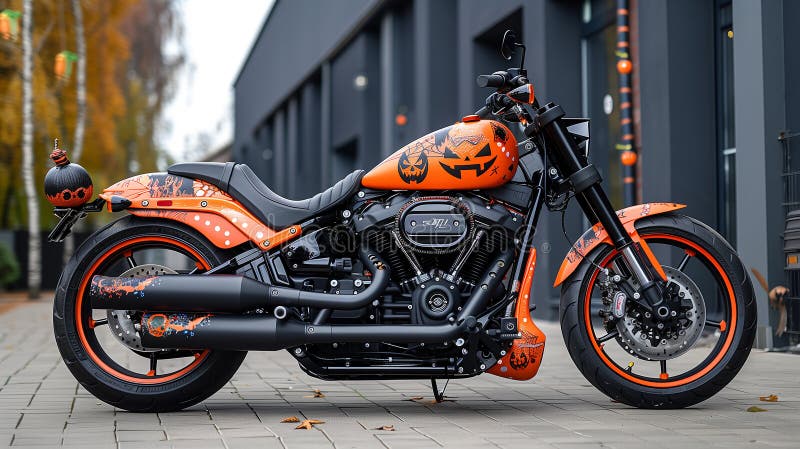 Modern Motorcycle Decorated with Halloween Attributes. Pumpkins, Jack-o ...