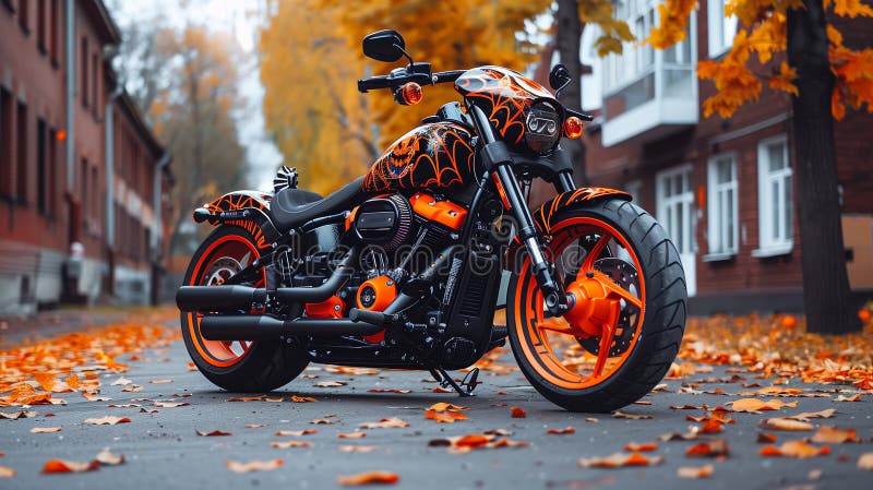 Modern Motorcycle Decorated with Halloween Attributes. Pumpkins, Jack-o ...