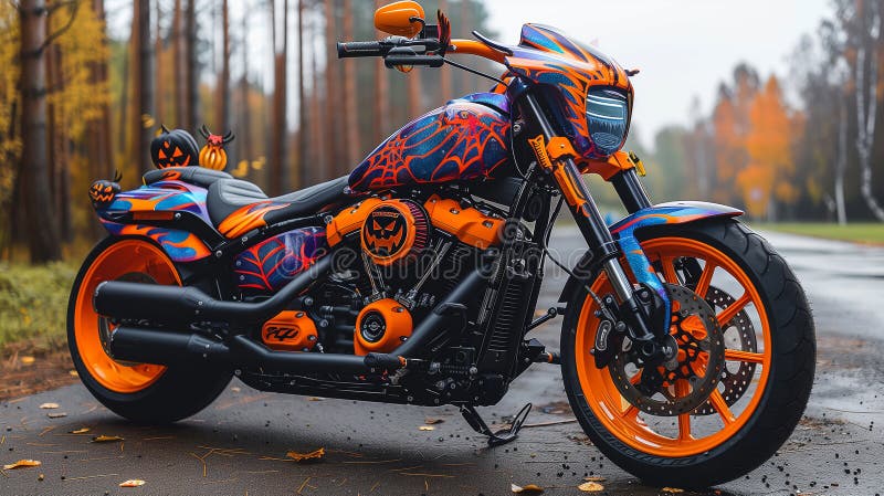 Modern Motorcycle Decorated with Halloween Attributes. Pumpkins, Jack-o ...
