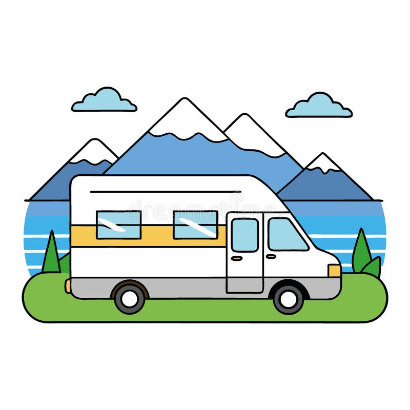 Modern Motorhome Driving on Road. Lake and Mountains in Background ...