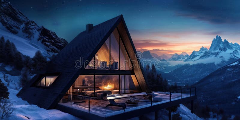 Modern Mountain Cabin Stunning Sunset View Snow Covered Landscape Stock ...