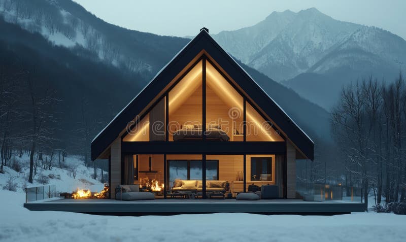 Modern Mountain Cabin in Winter Landscape with Cozy Interior and Scenic ...