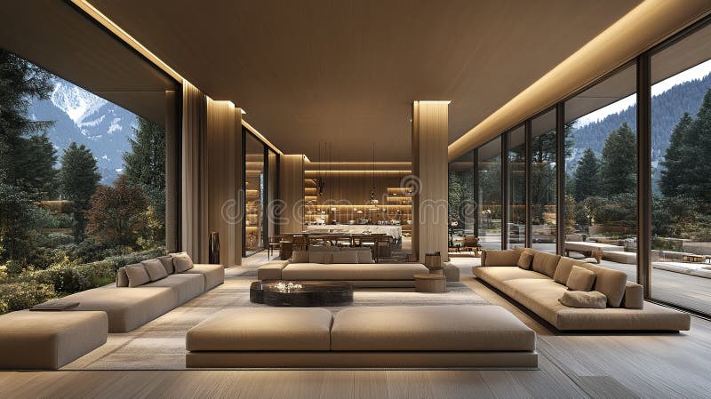 Modern Mountain Home Living Room Overlooking Valley Stock Image - Image ...