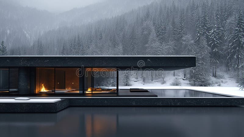 Modern Mountain Home Winter Scene, Snowy Forest Background ...
