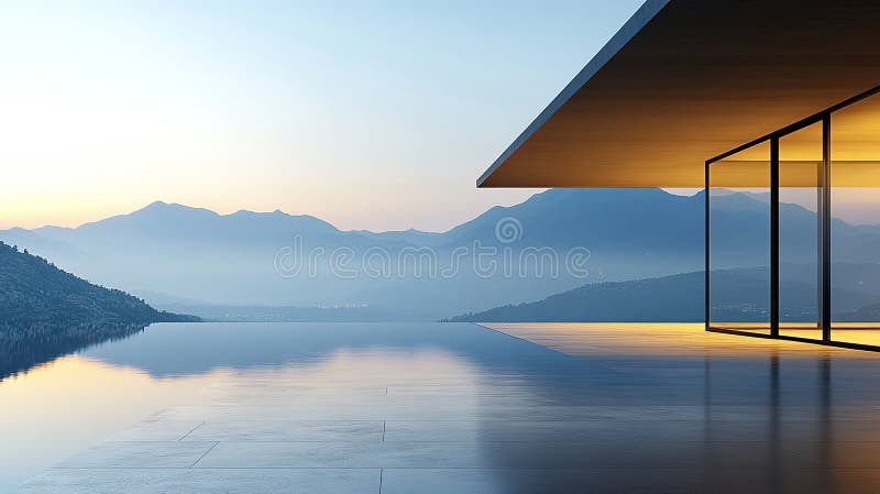 Modern Mountain House with Infinity Pool at Dawn Stock Illustration ...