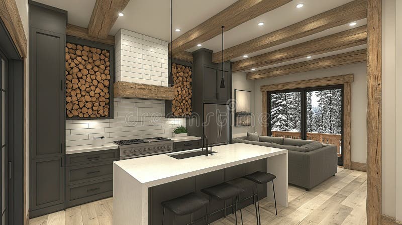 Modern Mountain Kitchen Design, Open-plan Living, Snowy View Stock ...