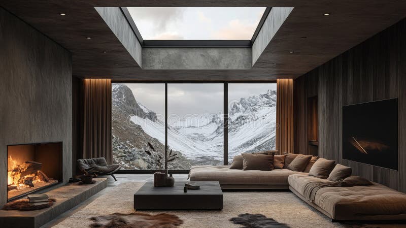 Modern Mountain Living Room Interior Design with Fireplace Stock ...