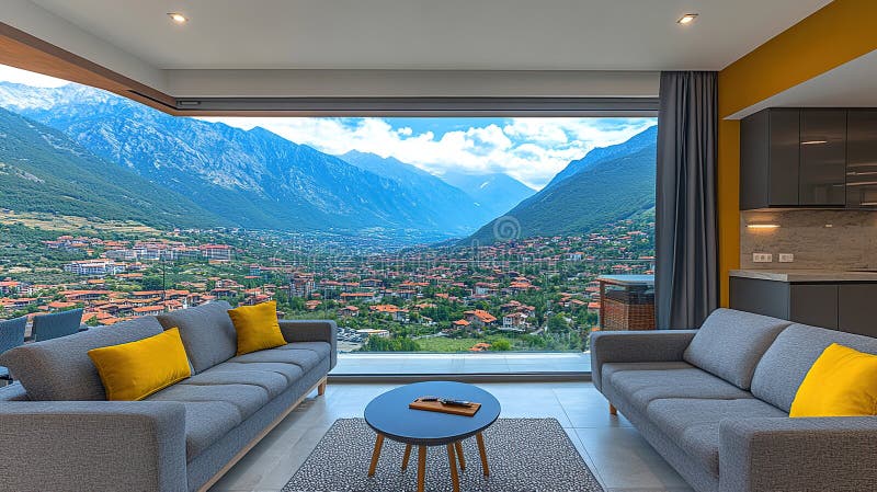 Modern Mountain Villa Living Room with Panoramic Views Stock ...