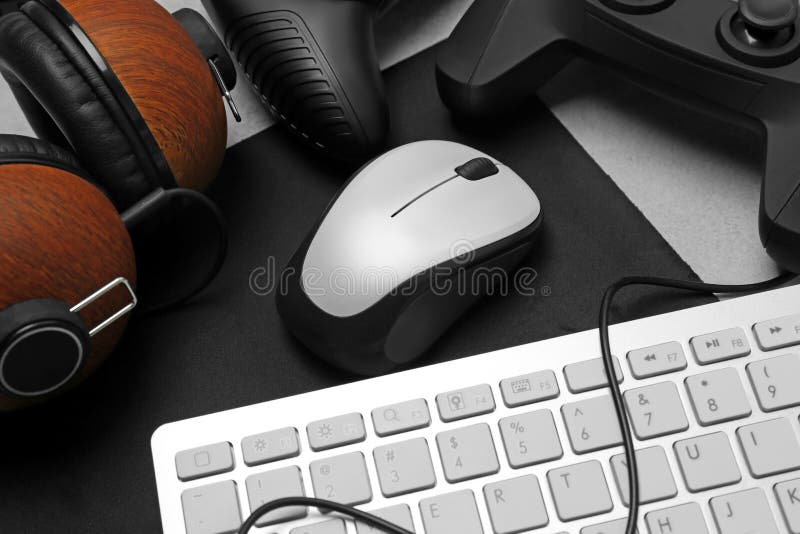Modern Mouse, Headphones and Keyboard Stock Photo - Image of cable ...