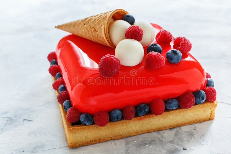 Modern Mousse Cake with Red Glaze. Stock Photo - Image of birthday ...
