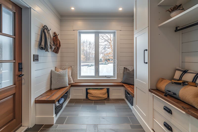 Modern Mudroom Interior with Built-in Storage, Benches, Pillows, and a ...