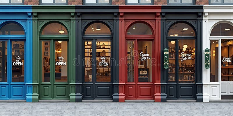 Modern Multi-Colored Shopfronts with Open Signage Stock Illustration ...