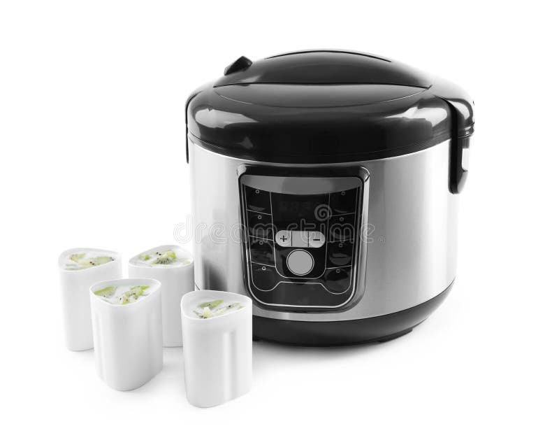 Modern Multi Cooker with Cups of Yogurt Isolated on White Stock Photo ...