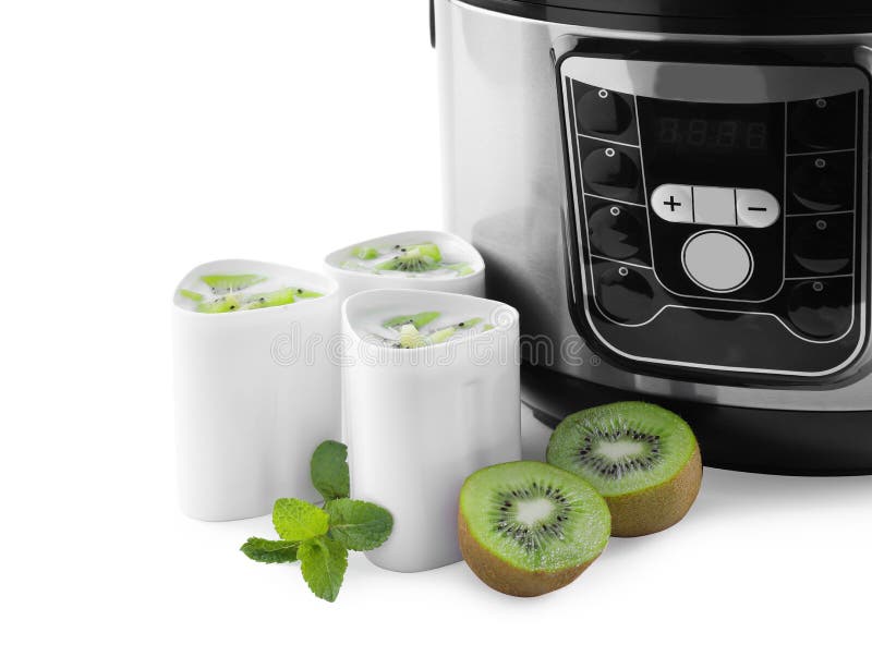 Modern Multi Cooker with Cups of Homemade Yogurt and Kiwi Isolated ...