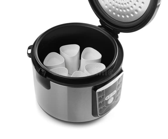 Modern Multi Cooker with Cups for Yogurt on White Stock Photo - Image ...