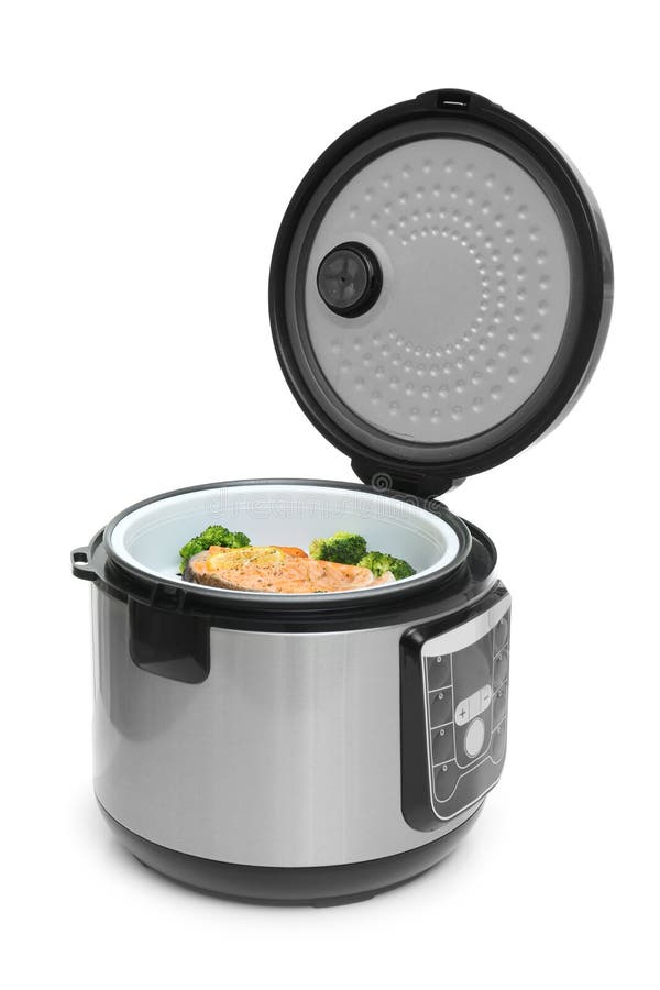 Modern Multi Cooker with Fish and Garnish on White Stock Image - Image ...