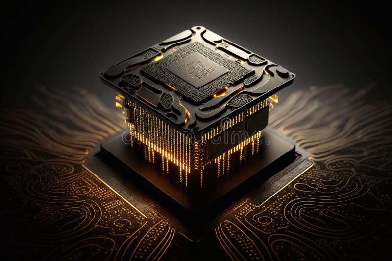 Modern Multi-core Processor on a Black Background with Golden Rays ... Modern Multi-core Processor on a Black Background with Golden Rays ...
