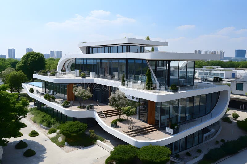 A Modern, Multi-level Building with Extensive Glass Features and Green ...