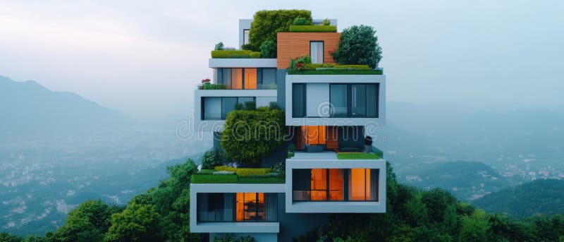 A Modern, Multi-level Building with a Unique Design and Lush Greenery ...