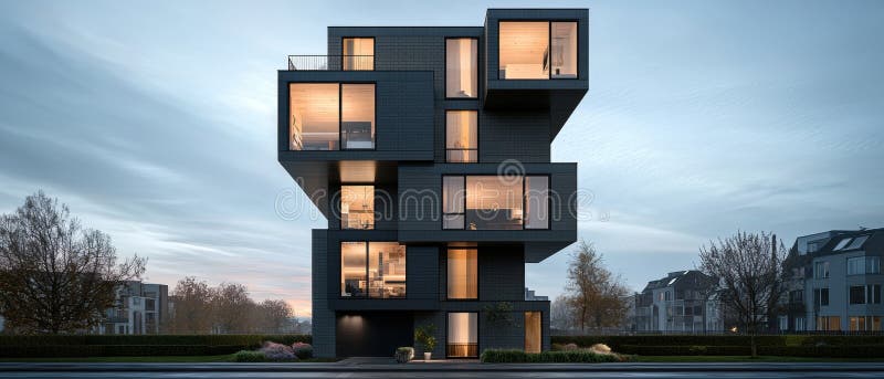 A Modern, Multi-level Building with a Unique Design and Warm Lighting ...
