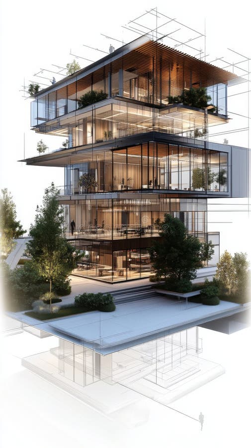 Modern Multi-level Glass Building with Open Design and Greenery Stock ...