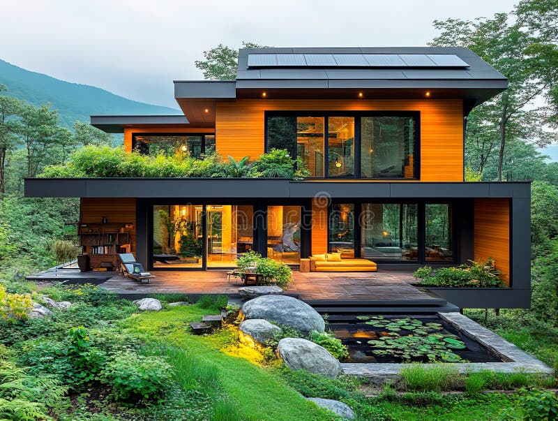 A Modern, Multi-level House with Glass Panels and Angular Rooflines ...