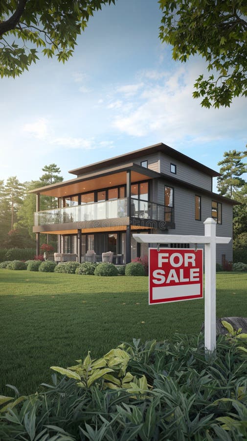 Modern Multi Level House with for SALE Sign, Lush Greenery, and Clear ... Modern Multi Level House with for SALE Sign, Lush Greenery, and Clear ...