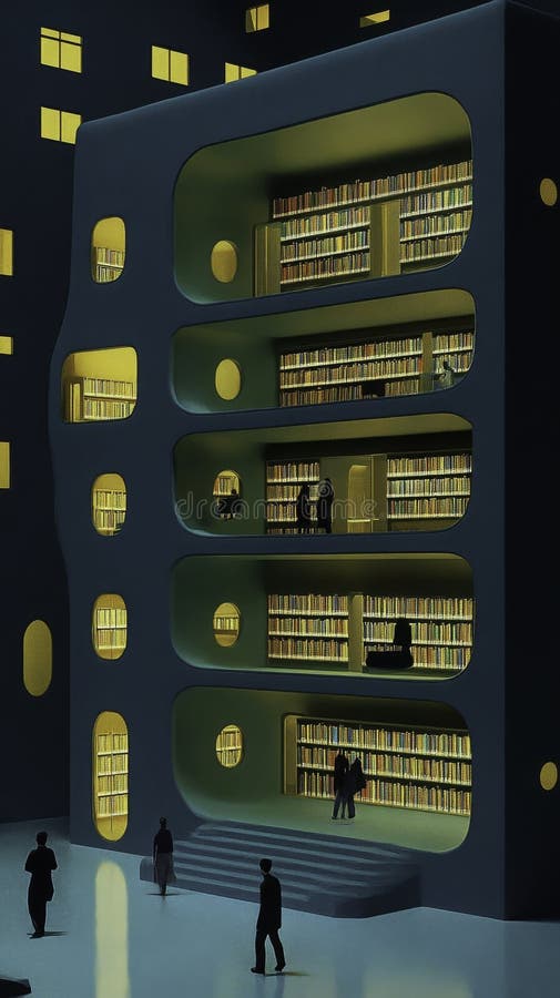 Stylized Library at Night with Silhouettes of People Stock Illustration ...