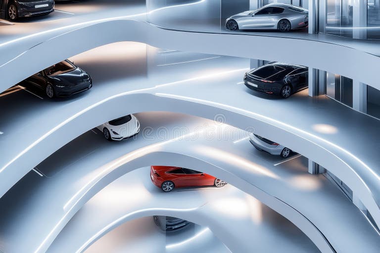 A Modern Multi-level Parking Structure with Sleek Cars and Illuminated ...