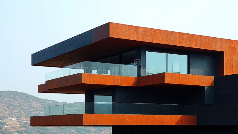 Modern, Multi-level Residence with Rust-colored Facade and Dark Accents ...