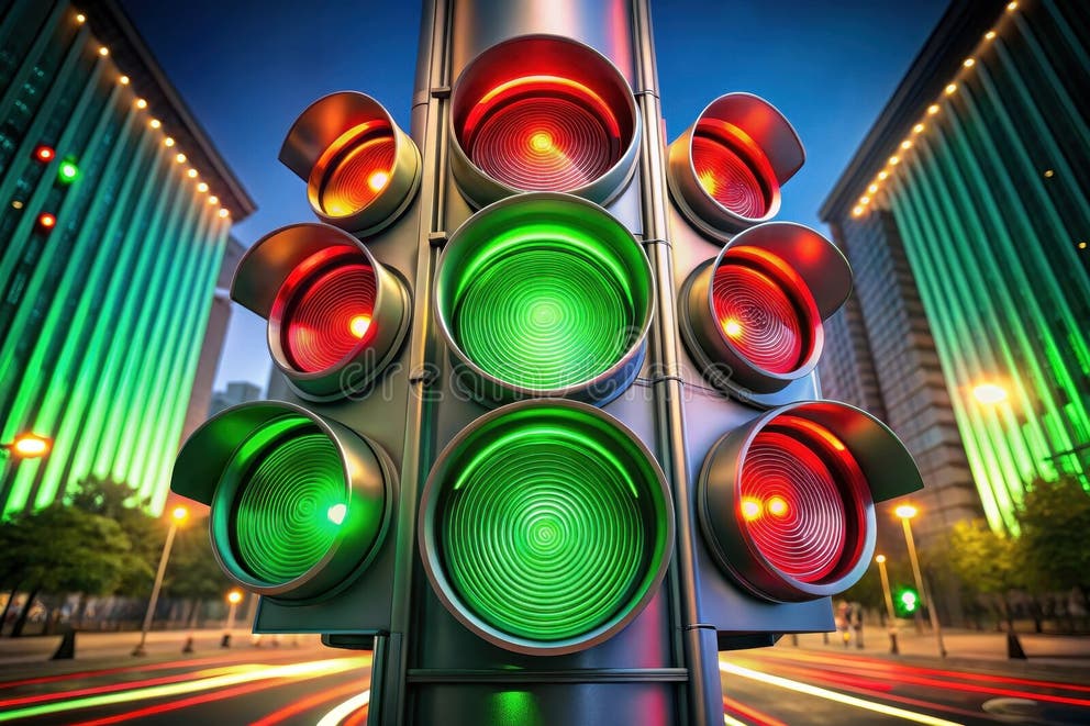 A Modern Multi-light Traffic Signal Illuminated at Dusk in an Urban ...